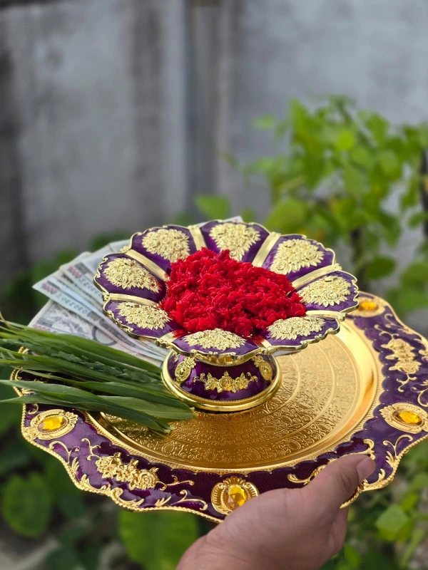 Traditional Silver-Coated Tika Thali Set for Dashain & Tihar - Puja ...